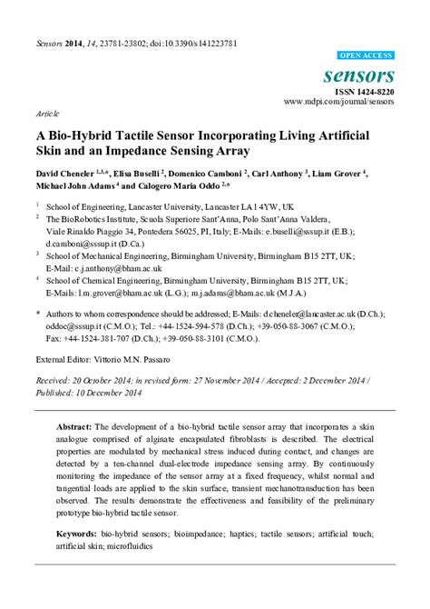 Pdf Article A Bio Hybrid Tactile Sensor Incorporating Living Artificial Skin And An Impedance