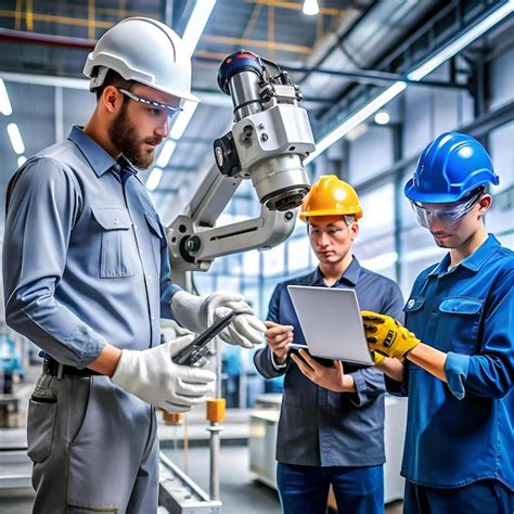 three engineers work together on a factory floor collaborating on a