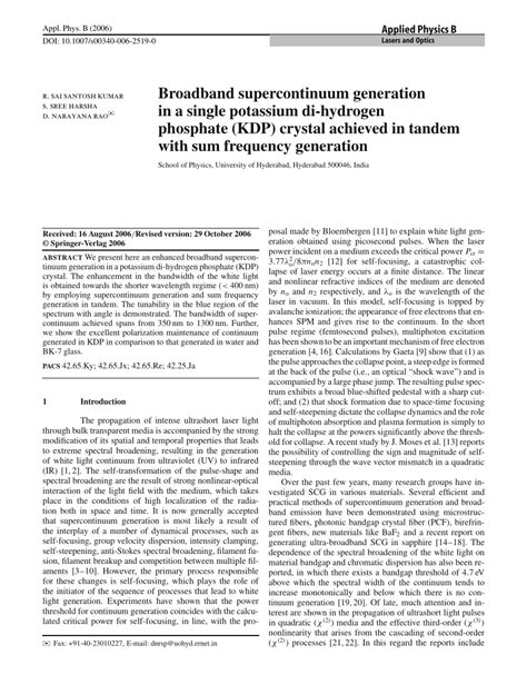 Pdf Broadband Supercontinuum Generation In A Single Potassium Di Hydrogen Phosphate Kdp