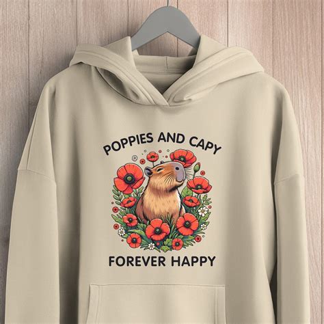 Capybara With Poppies Forever Happy Unisex Hoodie Cottagecore Sweater