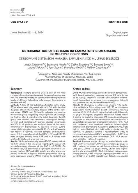 Pdf Determination Of Systemic Inflamatory Biomarkers In Multiple Sclerosis