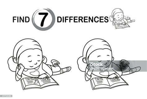 그림에서 7가지 차이점을 찾으십시오 흰색 배경에 책을 읽고 있는 소녀 아이들을 위한 교육용 게임 워크시트 페이지 건강한 생활방식에 대한 스톡 벡터 아트 및 기타 이미지