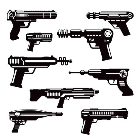 Silhueta Preta De Armas Espaciais Fantásticas Isoladas No Fundo Branco