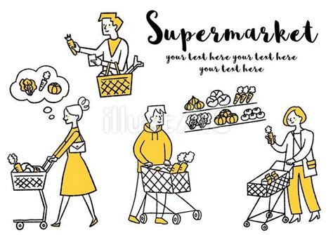 スーパーで買い物する人たちセットイラスト