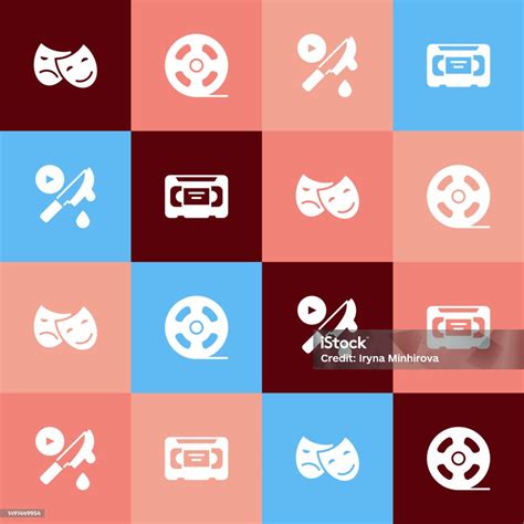 팝 아트 코미디와 비극 마스크 필름 릴 스릴러 영화 및 Vhs 비디오 카세트 테이프 아이콘을 설정합니다 벡터 Theatrical Performance에 대한 스톡 벡터 아트