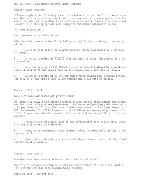Acc 206 Week 5 Chapter 8 Problems Pdf Present Value Net Present Value