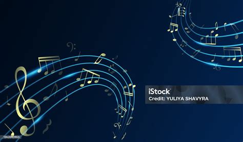 음표와 함께 빛나는 뮤지컬 파도를 흐르는 텍스트장소와 추상적인 음악 배경 사운드 튠의 라인 웨이브에 골드 음악 노트와 고음 음표