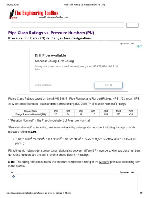 Pipe Class Ratings Vs Pressure Numbers Pn Pdf