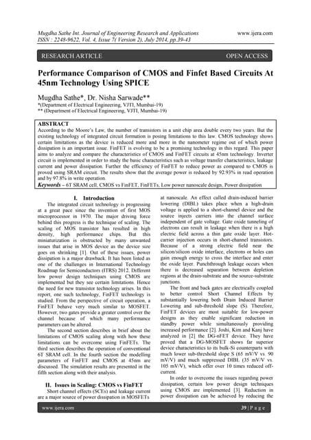Performance Comparison Of Cmos And Finfet Based Circuits At 45nm Technology Using Spice Pdf