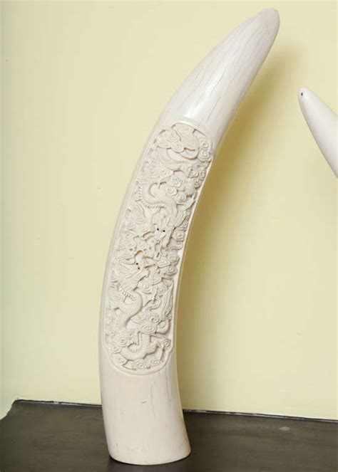 Antique Chinese Carved Elephant Ivory Garniture Of Three Tusks At