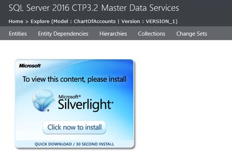 Realized Design Master Data Services 2016 Still Requires Silverlight