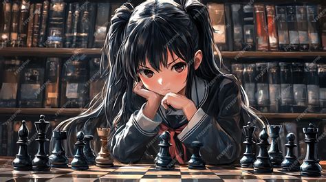 Anime Girl Playing Chess In A Library Premium Ai Generated Image
