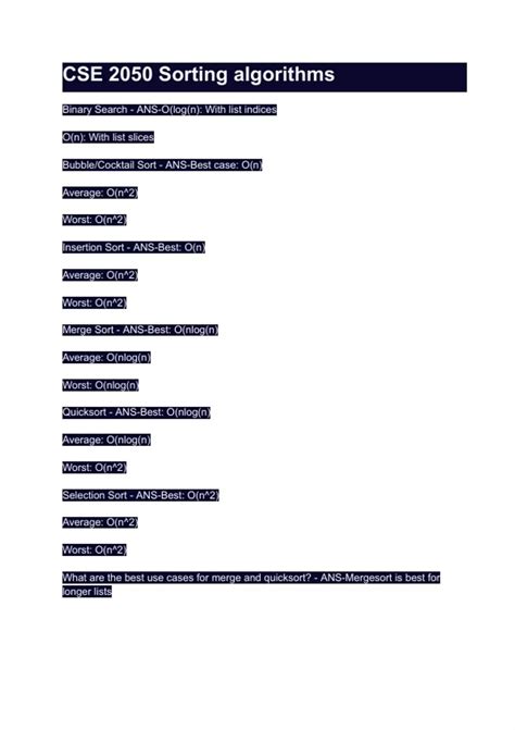 Cse 2050 Sorting Algorithms With 100 Correct Answers Verified