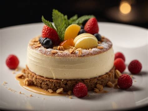 Michelin Starred Dessert Cake With Berries At Fine Dining Restaurant