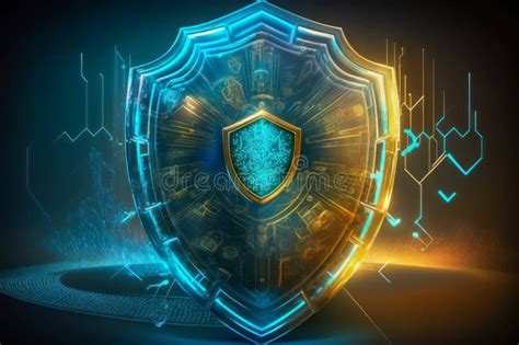 Cybersecurity Shield In Futuristic Digital Space With Neon Hues Intricate Circuitry Patterns
