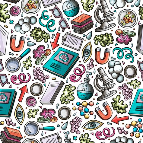 Cartoon Cute Hand Drawn Science Seamless Pattern Background Structure Colorful Hand