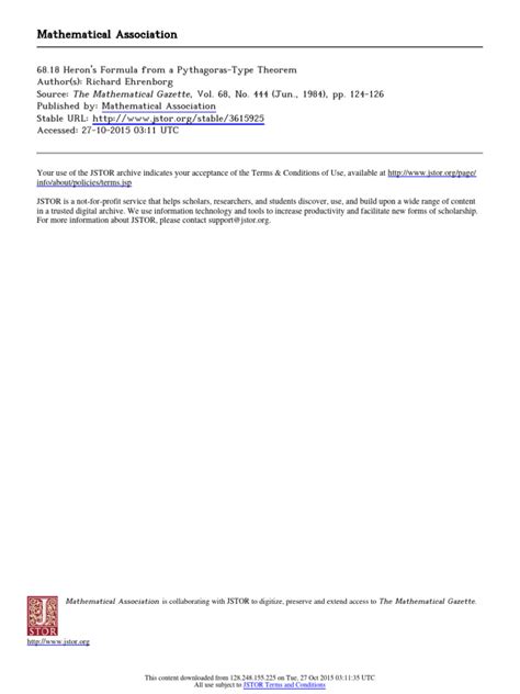 Herons Formula From A Pythagoras Type Theorem Pdf Mathematics