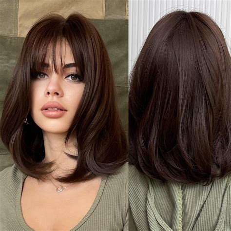 Wm Wigshop®synthetic Dark Brown Wig With Bangs Mid Length Straight Wig
