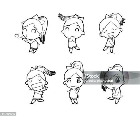 귀여운 행복 만화 낙서 소녀 아이 아이 그리기 스케치 어린이 캐릭터 고립 된 벡터 일러스트 레이 션 흰색 배경에 세트 공부에 대한 스톡 벡터 아트 및 기타 이미지 Istock