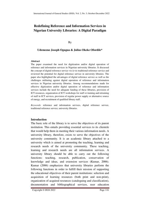 Pdf Redefining Reference And Information Services In Nigerian University Libraries A Digital