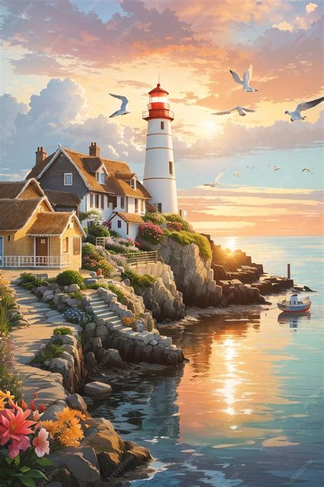 Premium Photo A Lighthouse On A Cliff With Flowers And A Sunset Generative Ai