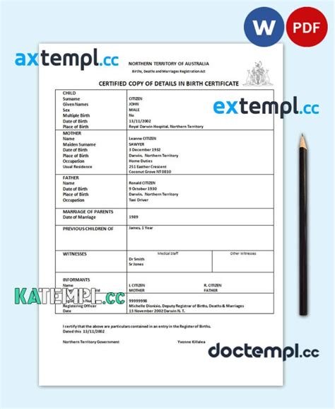 Sample Australia Northern Territory Of Australia Birth Certificate Template In Word Format Download