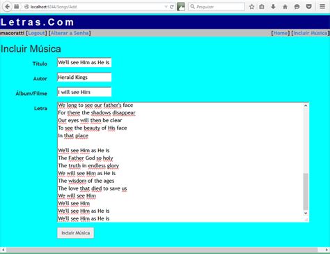 ASP NET MVC Cadastro de Músicas e letras