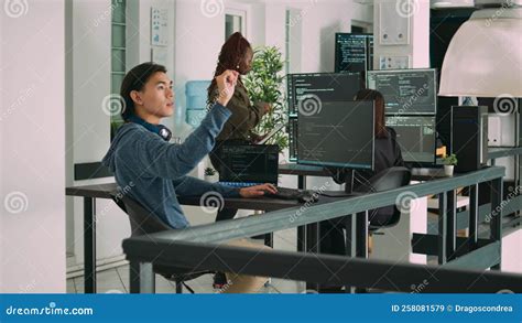 Digital Developer Analyzing Ar Hologram To Work On Html Script Stock