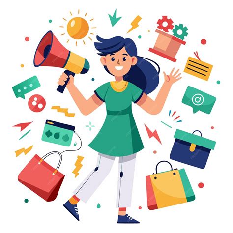 Cheerful Woman With A Megaphone Surrounded By Colorful Geometric Shapes And Objects Premium Ai