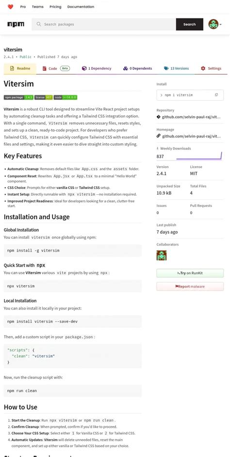 vitersim vitersim reactjs vitejs npm webdevelopment tailwindcss