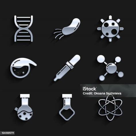 피펫 시험관 및 플라스크 화학 물질 원자 분자 박테리아 및 Dna 기호 아이콘을 설정합니다 벡터 0명에 대한 스톡 벡터 아트 및