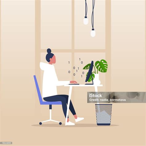 프론트 엔드 개발 현대 사무실에서 데스크톱 컴퓨터에 바이너리 코드를 쓰는 젊은 여성 캐릭터 컴퓨터에 대한 스톡 벡터 아트 및 기타 이미지 Istock