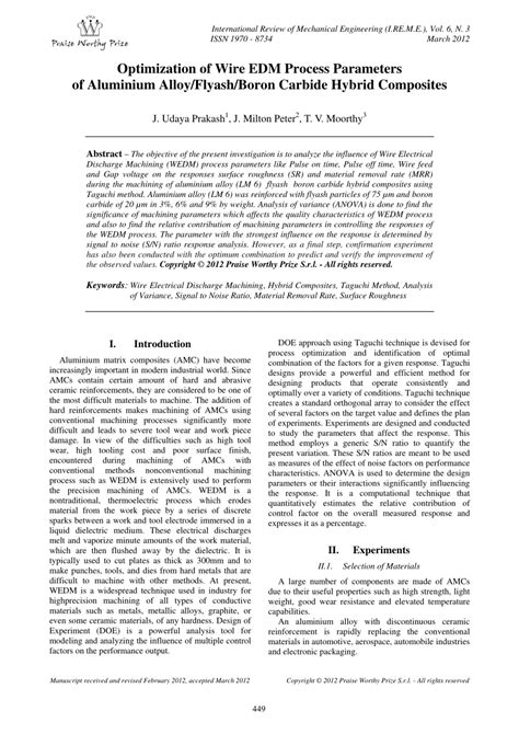 PDF Optimization Of Wire EDM Process Parameters Of Aluminium Alloy Flyash Boron Carbide Hybrid