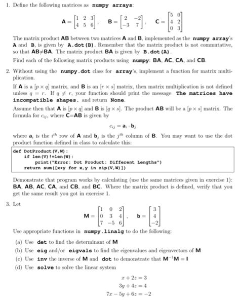 Solved 1 Define The Following Matrices As N Umpy Arrays C