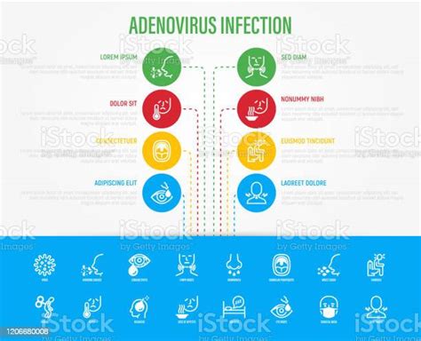 얇은 라인 아이콘아데노바이러스 감염 인포그래픽 공수 질환 림프절 발열 두통 콧구멍 축축한 기침 수술 마스크 인후통 코로나바이러스 증상의 벡터 일러스트레이션 증상에 대한 스톡