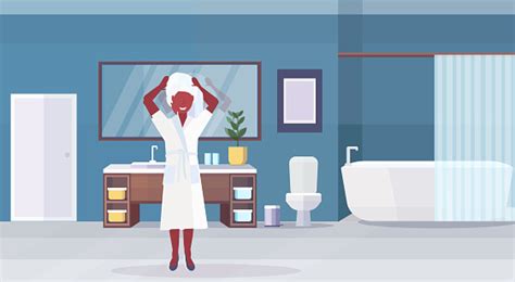 머리 아프리카계 미국인 여자 서 있는 현대적인 욕실 인테리어 평면 수평 전체 길이에 평면 흰색 가운과 수건을 착용 해 여자 가구에 대한 스톡 벡터 아트 및 기타 이미지