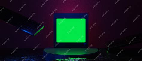 3d 그림 렌더링 Tv 화면 기술 기술 미래 사이버 펑크 디스플레이 게임 공상 과학 무대 받침대 배경 게이머 배너 네온 빛 스탠드 연단의 기호 프리미엄 사진