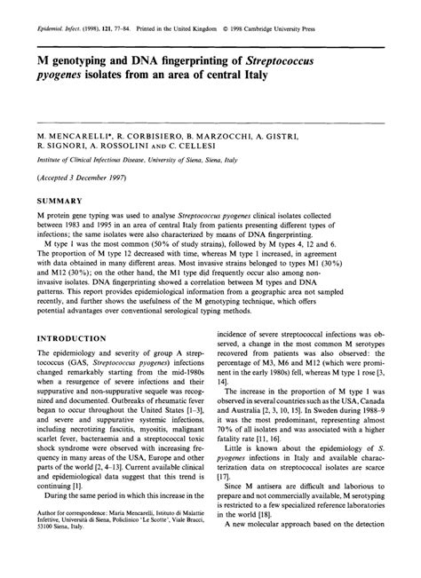 Pdf M Genotyping And Dna Fingerprinting Of Streptococcus Pyogenes Isolates From An Area Of