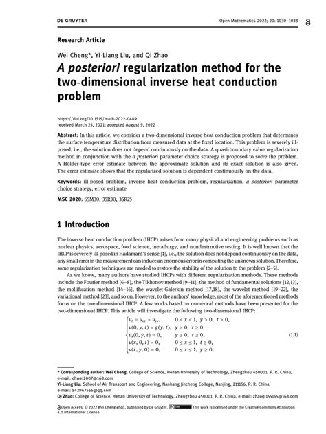 Pdf A Posteriori Regularization Method For The Two Dimensional Inverse Heat Conduction Problem