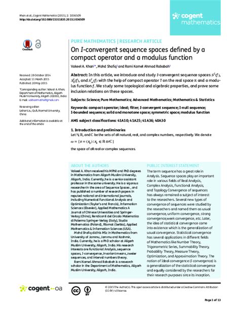 Pdf On I Convergent Sequence Spaces Defined By A Compact Operator And A Modulus Function