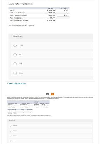 answered assume the following information sales variable expenses contribution margin fixed