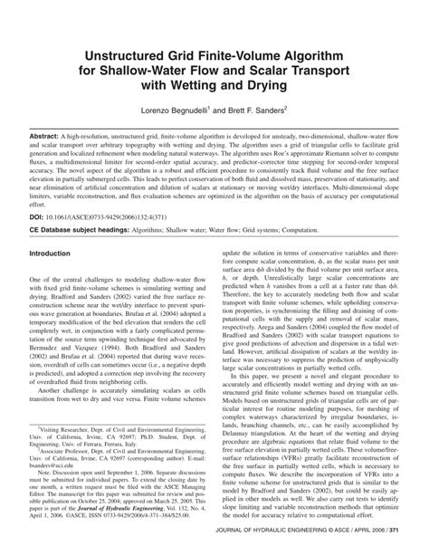 Pdf Unstructured Grid Finite Volume Algorithm For Shallow Water Flow And Scalar Transport With