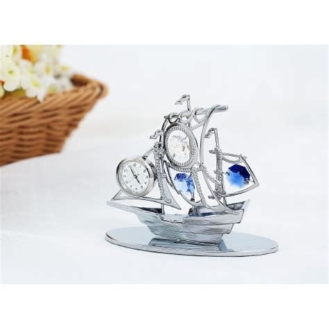 Chrome Plated Silver Sailboat Tabletop Ornament With Clock With Matashi Blue Crystals 1 Unit