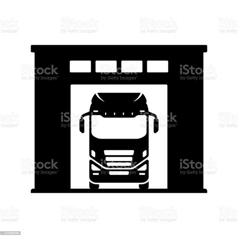 트럭 차고 아이콘입니다 자동차 서비스 세차 차량 세척 및 수리 블랙 실루엣 정면도 벡터 간단한 평면 그래픽 그림입니다 흰색