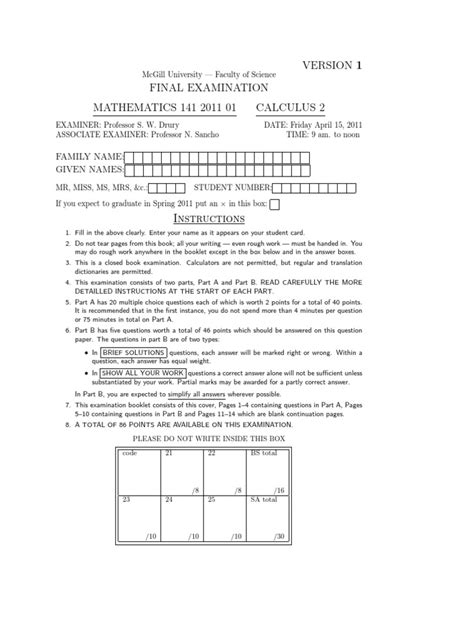 Math141 Final 2011w Pdf Multiple Choice Trigonometric Functions