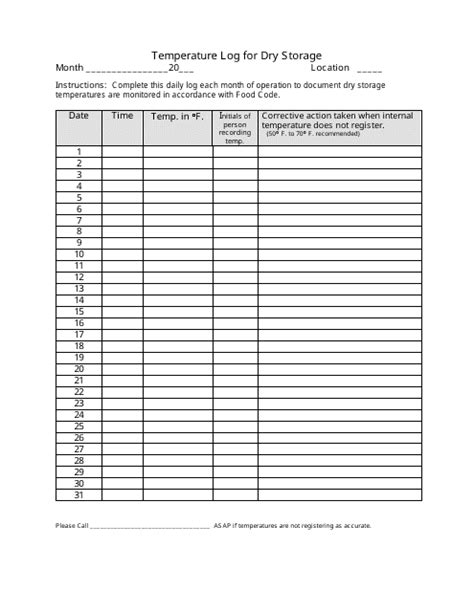 Dry Storage Temperature Log Sheet Template Download Printable PDF Templateroller
