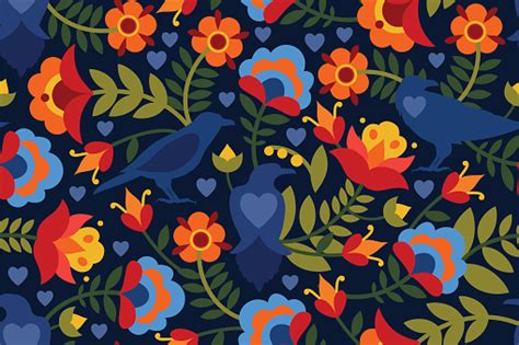 레이븐 심 혼 및 꽃의 상징으로 완벽 한 패턴입니다 파란색 녹색 빨강 오렌지색과 노란색 색상에 평면 형태와 배경 Ethno 스타일에서 텍스처입니다 벡터 일러스트입니다 계절에