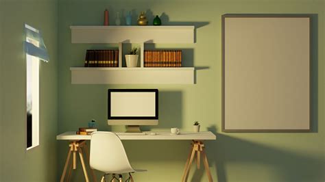 작업 영역 및 빈 화면 데스크톱 컴퓨터 흰색 책상에 모형 데스크톱 컴퓨터 커피 머그잔 식물 홈 오피스 액세서리 3d 렌더링