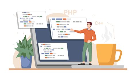 프로젝트 프레젠테이션 준비 사이트에서 작업하는 웹 개발자 랩톱과 컴퓨터를 사용하여 프로그래밍 및 코딩 기술 개선 및 혁신 만화