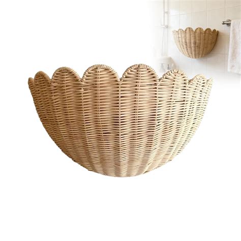 Scalloped Wicker Wall Basket Hand Woven Hanging Decor For Bathroom Storage Offering Beauty And